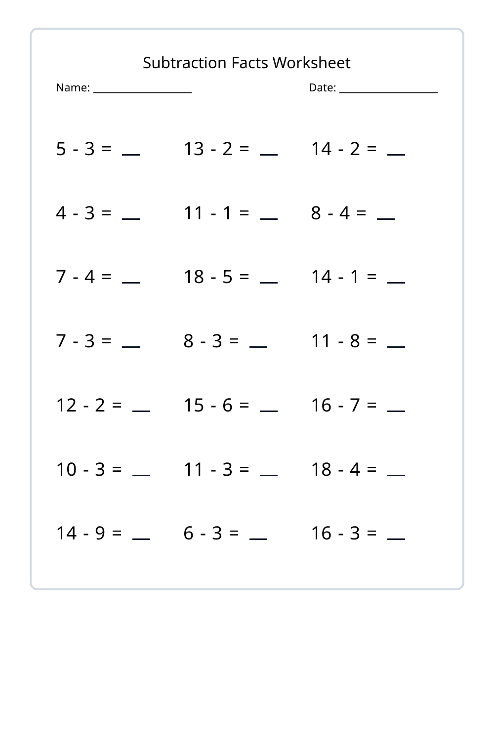 2nd Grade Subtraction Facts Worksheets Set 1 - Free Printable PDF ...