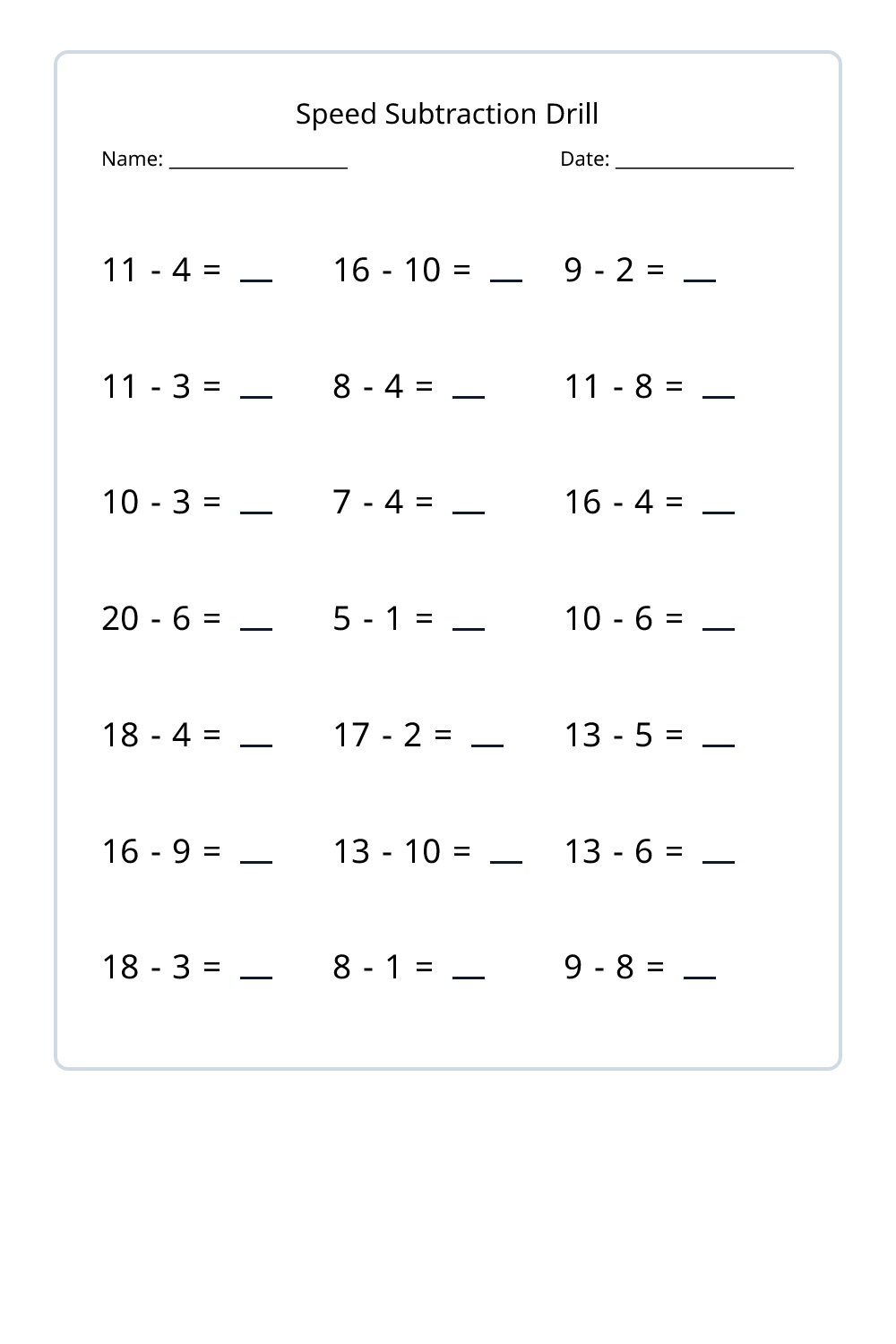 3rd Grade Speed Subtraction Drills Set 1 - Free Printable PDF ...