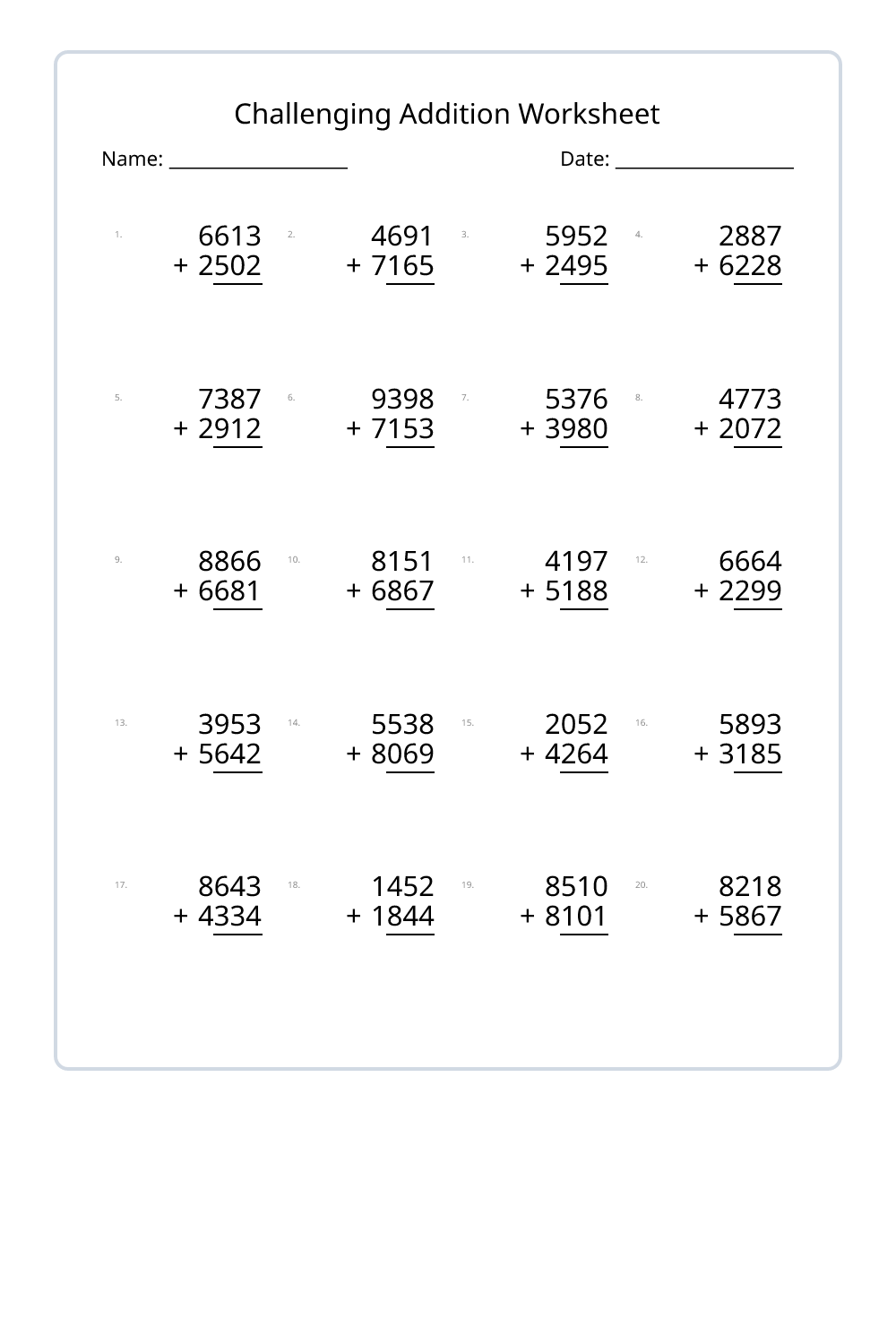 4th Grade Challenging Addition Worksheets Set 1 - Free Printable PDF ...