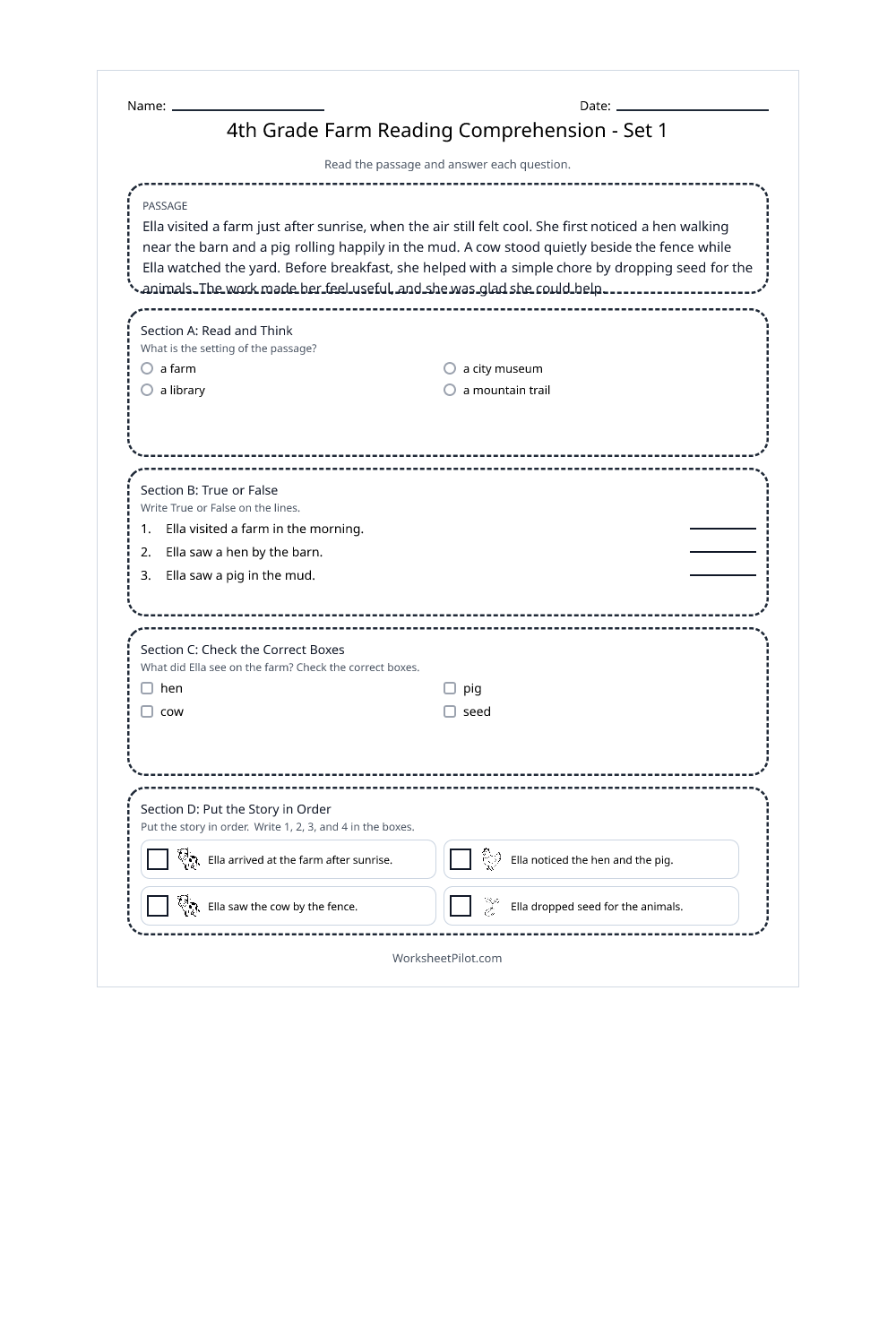 4th Grade Farm Reading Comprehension - Set 1 - Free Printable Worksheet ...