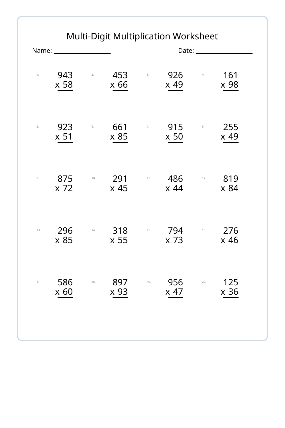 4th Grade Multi Digit Multiplication Worksheets Set 1 - Free Printable ...