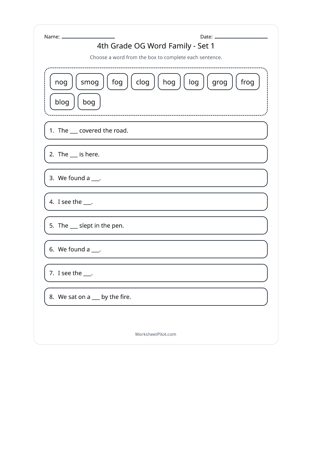 4th Grade OG Word Family - Set 1 - Free Printable Worksheet | Worksheet ...