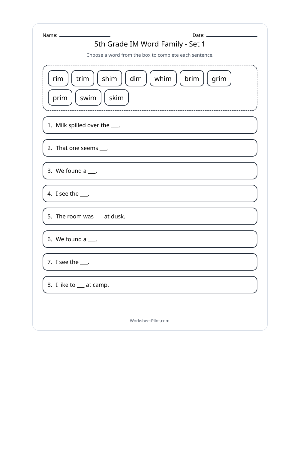5th Grade IM Word Family - Set 1 - Free Printable Worksheet | Worksheet ...