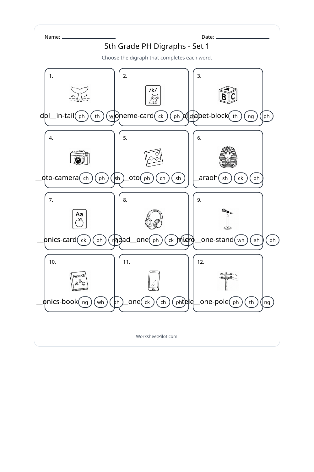 5th Grade PH Digraphs - Set 1 - Free Printable Worksheet | Worksheet Pilot