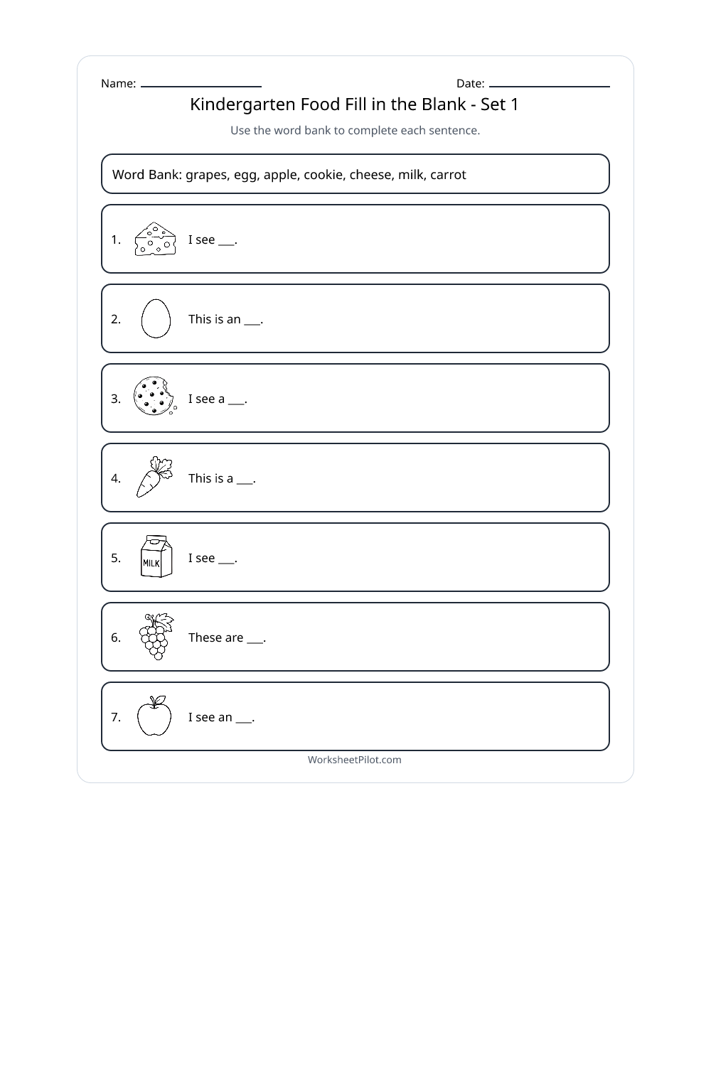 Kindergarten Food Fill in the Blank - Set 1 - Free Printable Worksheet ...